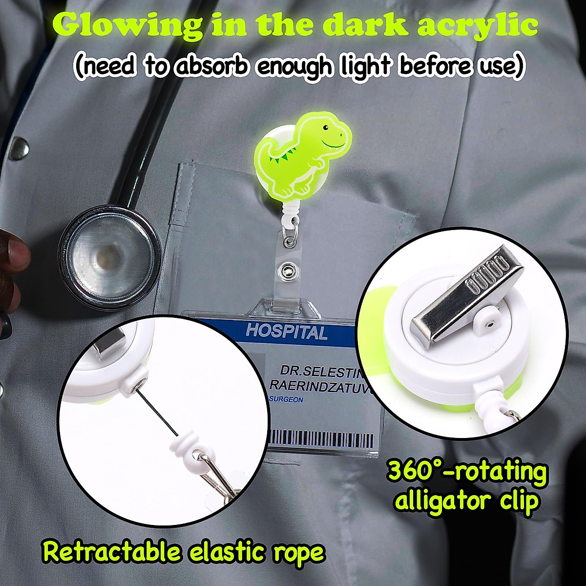 Xylolfsty Dinosaur Badge Reels 5PCS Glowing in The Dark Nurse ID Badge Holder Retractable Clip Night Shift Luminous Doctor Pediatric Nursing Teacher Office School Cute T-rex Acrylic Badge Gifts