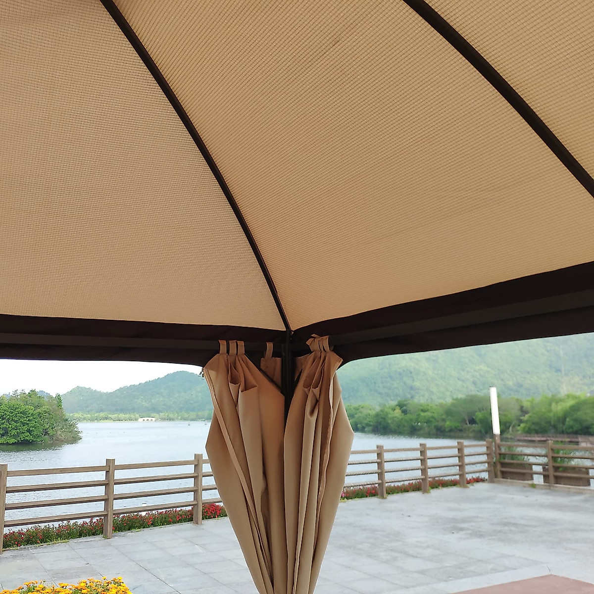 10 X 10ft Hardtop Gazebo, Double Roof Gazebo with Nettings, Outdoor Steel Frame Vertical Stripes Roof Permanent for Patio, Backyard, Lawns,Khaki
