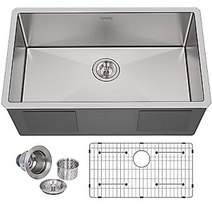 Hykolity 32-inch Kitchen Sink, 16 Gauge Undermount Single Bowl Stainless Steel Kitchen Sink with Strainer & Bottom Grid, 32" x 19" x 9"