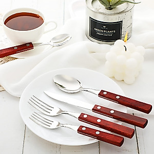 40 Pcs Wooden Handle Silverware Cutlery Set Walnut Handle 18/8 (304) Stainless Steel Cutlery Set Wooden Handle Knife Fork Spoon Reusable Utensils Serves for 8 (Mahogany Color)