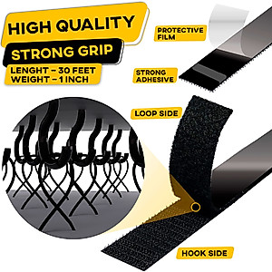Hook and Loop Tape Roll with Heavy Duty Adhesive Industrial Strength Easy to Cut, Strong Hook and Loop Strips with Sticky Back, Black 1 Inch x 30 Feet