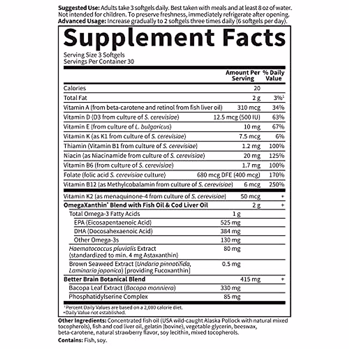 Garden of Life Ultra Pure EPA/DHA Omega 3 Fish Oil - Oceans 3 Better Brain Supplement with Antioxidants, 90 Softgels