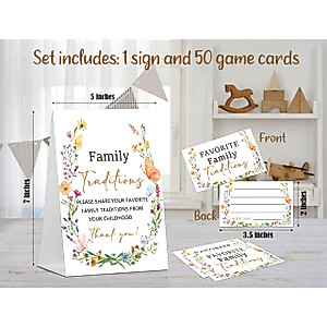 Baby Shower Games Family Traditions Sign, 1 Standing Sign and 50 Cards, Boho Floral Gender Neutral Decoration, Gender Reveal Party, Bridal Shower Favor Supplies-LT26