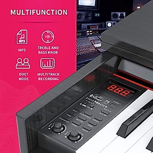 Setting 88-Key Weighted Digital Piano, Electric Upright Piano with 3-Pedal Unit Board, LCD Screen, Multi-Functional Full Size Keyboard and Power Adapter(Black(with Bench)), 53.5 x 29.9 12.2 Inch