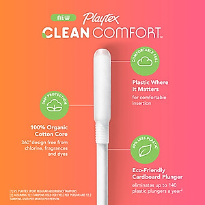 Playtex Clean Comfort Organic Cotton Tampons, Multipack (14ct Regular/14ct Super Absorbency), Fragrance-Free, Organic Cotton - 28ct
