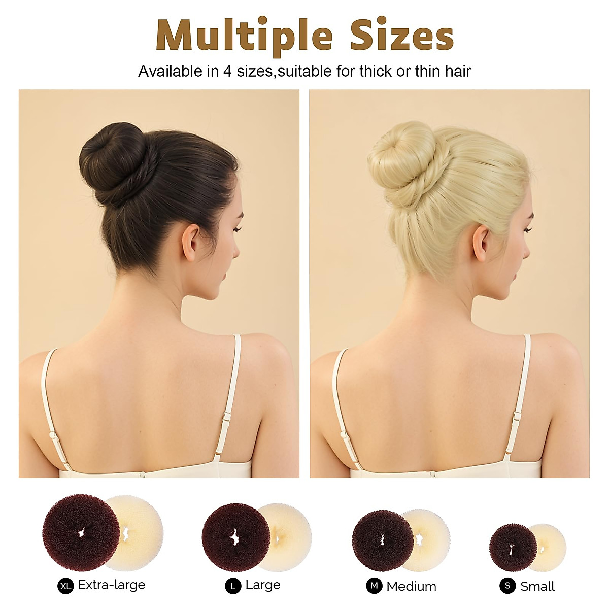 FANDAMEI Hair Bun Maker Set, Donut Bun Maker Set With 4pcs Dark Brown &4pcs Beige(2 extra-large,2 large,2 medium and 2 small), 5 pieces Hair Elastic Bands, 40 pieces Hair Bobby Pins (Brown and Gold)