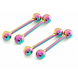 4 Pc 14g 5/8inch Length 5mm Balls Rainbow Titanium Tongue Ring, Nipple Barbells, Titanium,Rainbow