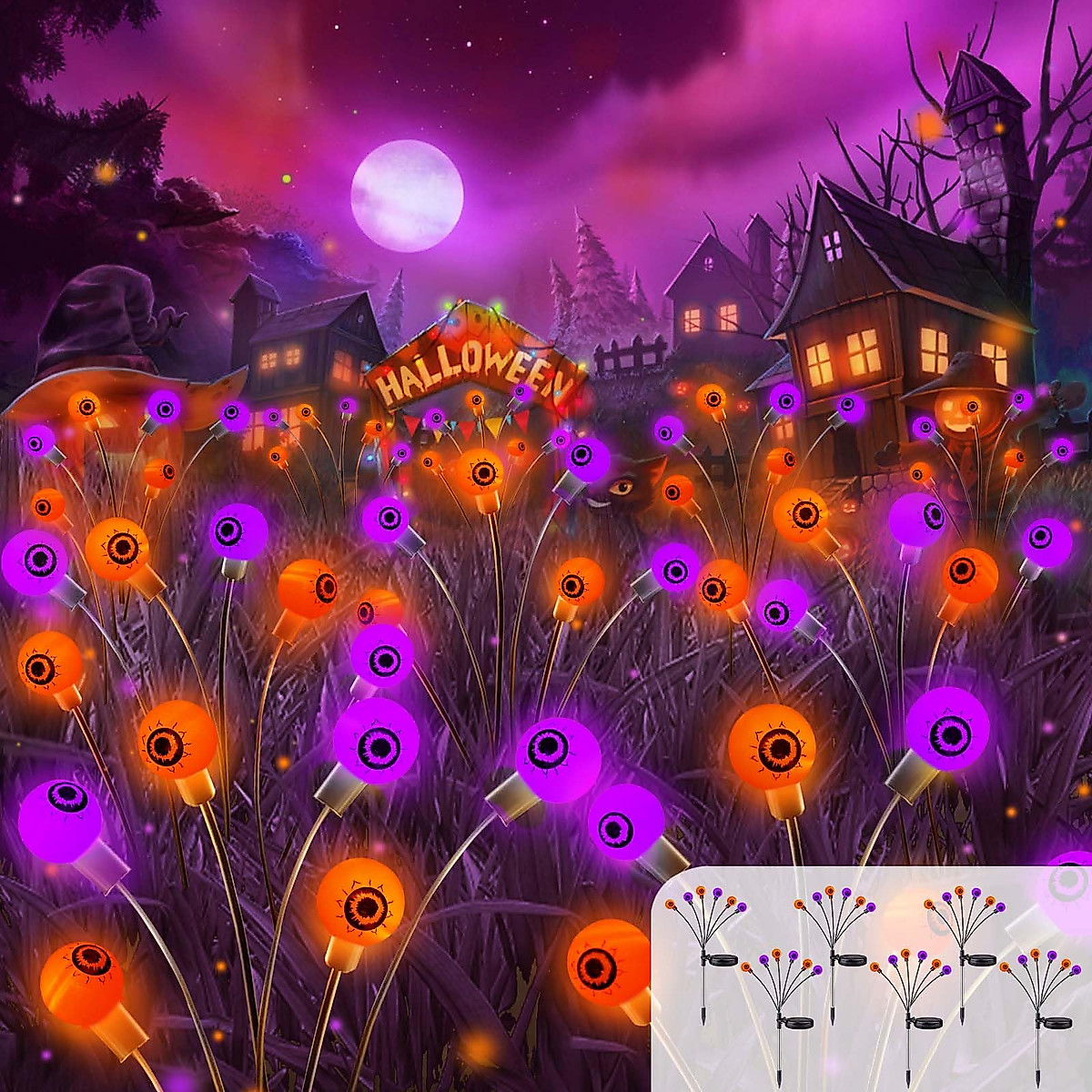 6 𝓟𝓐𝓒𝓚 𝓗𝓪𝓵𝓵𝓸𝔀𝓮𝓮𝓷 Halloween Scary Solar Eyeballs Garden Lights, 6 Pack Halloween Lights Outside, Solar Firefly Lights Outdoor，Solar Swaying Lights for Garden Path Decor (Purple&Orange)