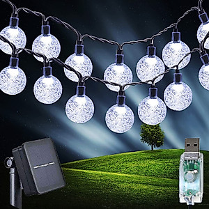 Sakruda Solar String Lights 60LEDS 37FT,Solar or USB Powered,Waterproof Crystal Balls with 8 Lighting Modes,Outdoor Garden Fairy Light for Patio Lawn,Home,Wedding Party,Christmas Decoration(White)
