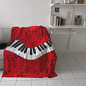 Love - Home Cozy Flannel Blanket for Couch/Bed/Office/Travel 40 x 50 Inches, Piano Key Music Notes Red Background - Luxury Soft Warm Throw Blanket for Children/Parents