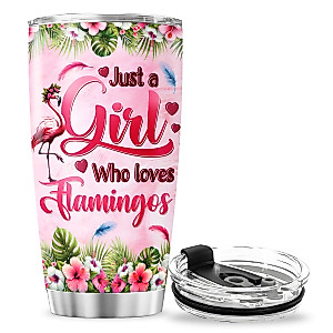 Tumblers Handle Steel Flower Hot Coffee Stainless Floral Insulated, Flamingo Gifts, Tumbler 20 Oz With Lid And Straw, Flamingo Just A Girl