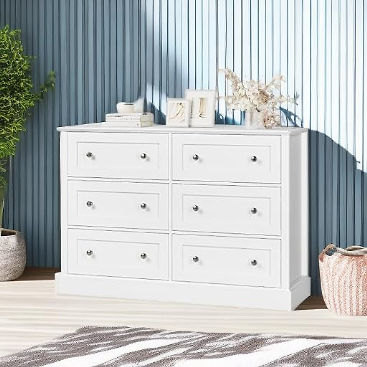 FACBOTALL Modern 6 Drawer Double Dresser, White Dresser Wood Dresser, Wide Chest of Drawers with Deep Drawers & Mental Double Handles for Hallway Living Room