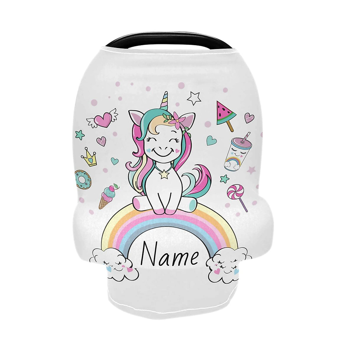 Custom Personalise Cute Unicorn Rainbow Baby Car Seat Covers Donut Ice Cream Carseat Canopy Soft Infant Stroller Cover Nursing Breastfeeding Covers for Girls Boys Newborn Fit Summer Spring Autumn