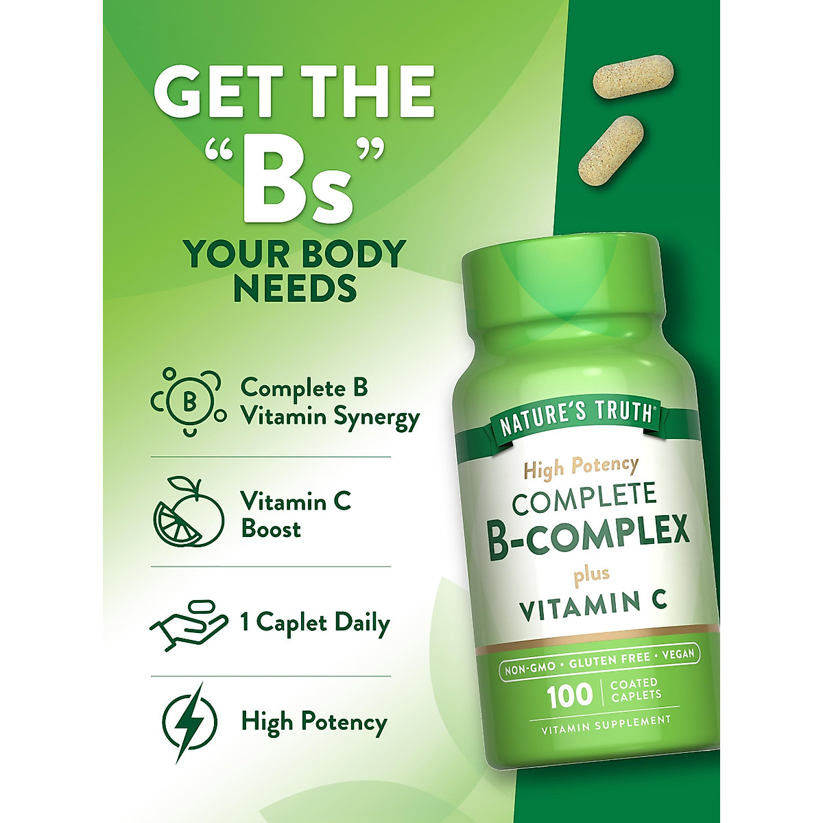 Nature's Truth Vitamin B Complex Plus Vitamin C | 100 Caplets | Vegan, Non-GMO & Gluten Free Supplement