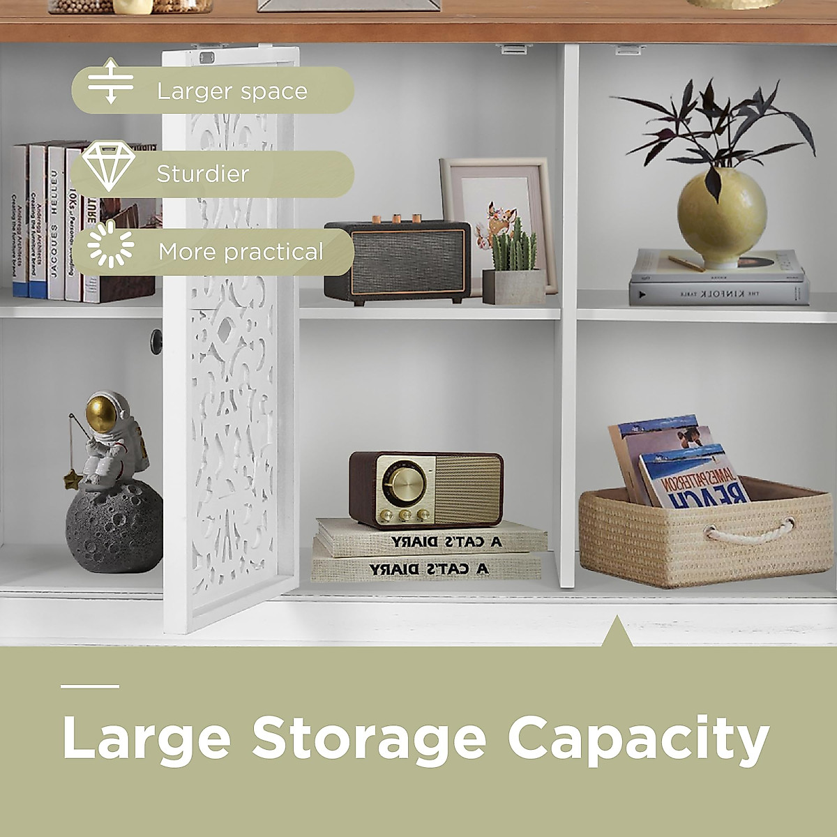 Sophia & William Sideboard and Buffet with Storage, 3-Door Hollow-Carved Accent Cabinet, Distressed Wood Storage Cabinet Cupboard for Kitchen, Dining Room, Living Room, Entryway, White