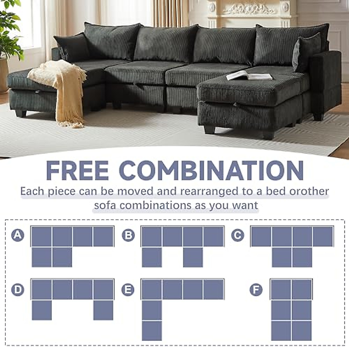 Eafurn 6 Seat Oversized Convertible U/L Shaped Modular Sectional Sofa Reversible Sleeper Couch Sofabed with Storage & 2 Movable Ottomans, Corduroy Lounge Sofa&Couch for Living Room Apartment