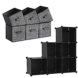 SONGMICS Storage Cubes and Cube Storage Organizer Bundle, 11-Inch Non-Woven Fabric Bins with Double Handles, 6 Cube Closet Organizers and Storage, Black UROB026B01 and ULPC06H