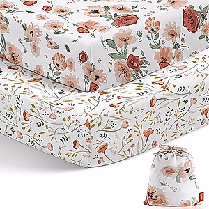 besrey 2 Packs Crib Sheets Fitted for Baby Boy and Girl, with a Storage Bag, Jersey Knit Cotton Baby Crib Sheet for Standard Crib Mattress & Toddler Bed Mattress(Flower Style)