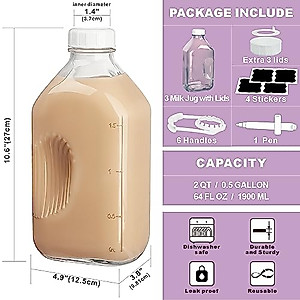 3 Pack 2 Qt Glass Milk Bottles with Airtight Reusable SCREW LID - 64 Oz Glass Juice Bottles, 1/2 Gal Glass Water Bottles, Glass Milk Jug Pitcher with 2 Exact Scale Line, Extra Free 3 Lid and 6 Handle!