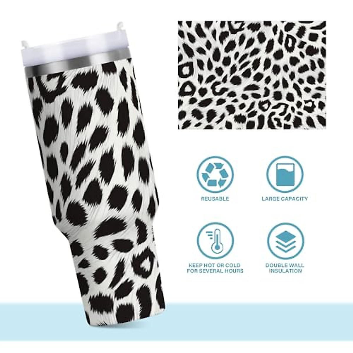 ODAWA 30 Oz Black White Leopard Tumbler Insulated with Handle and Straw, 2 in 1 Lid Insulated Steel Insulated Tumbler