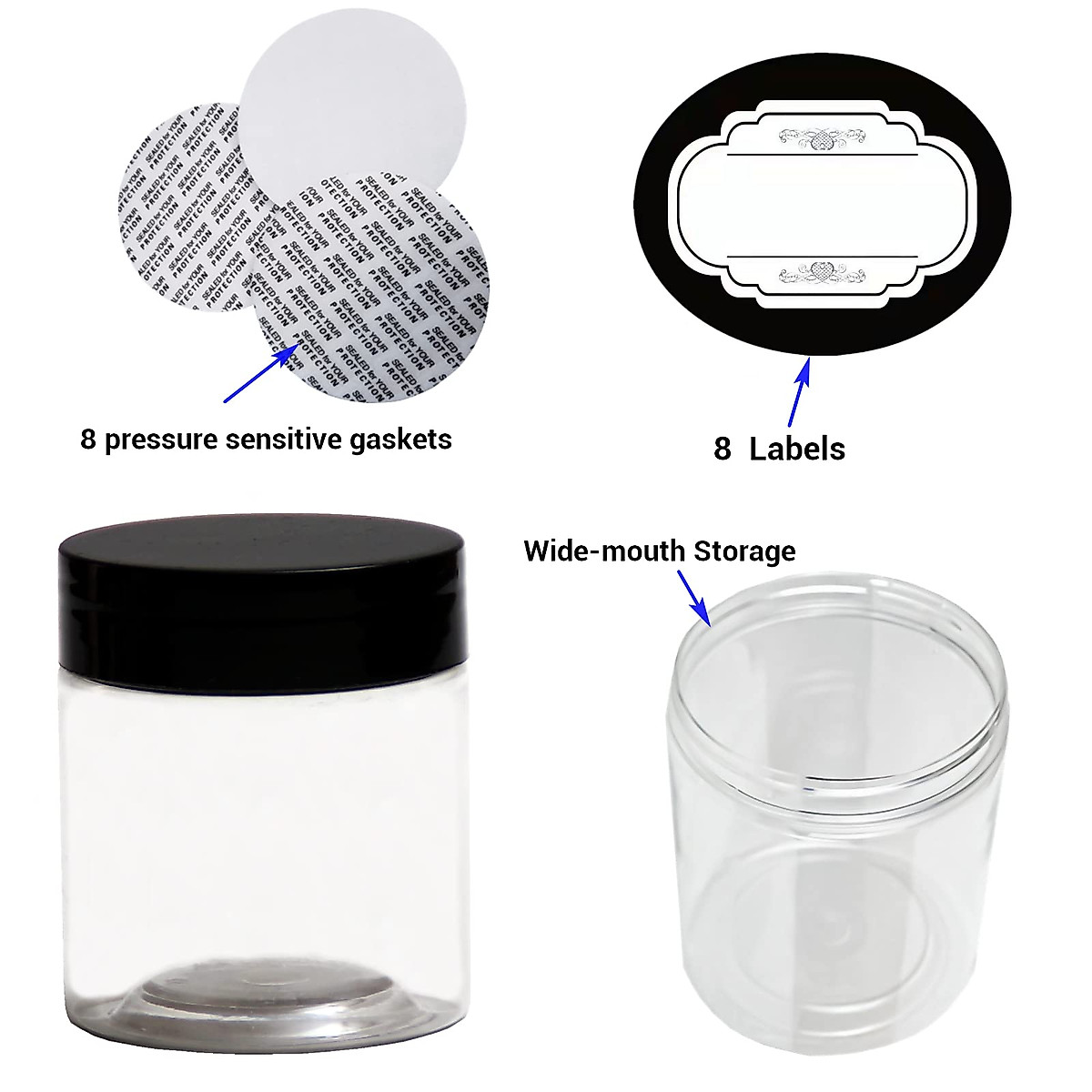 Rolanrosa Plastic Jars with Lids, 4oz Empty Clear Slime Containers,Wide-Mouth Refillable Storage Containers for Lotion,Cream, Ointments,Cosmetics,Samples