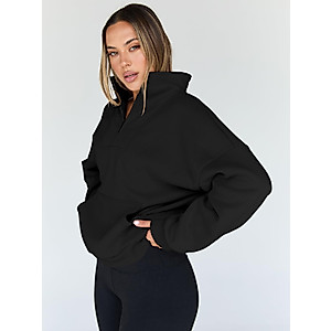 Trendy Queen Sweatshirts Quarter Half Zip Pullover Oversized Hoodies Sweaters Comfy Fall Outfits 2025 Y2K Winter Clothes Black L