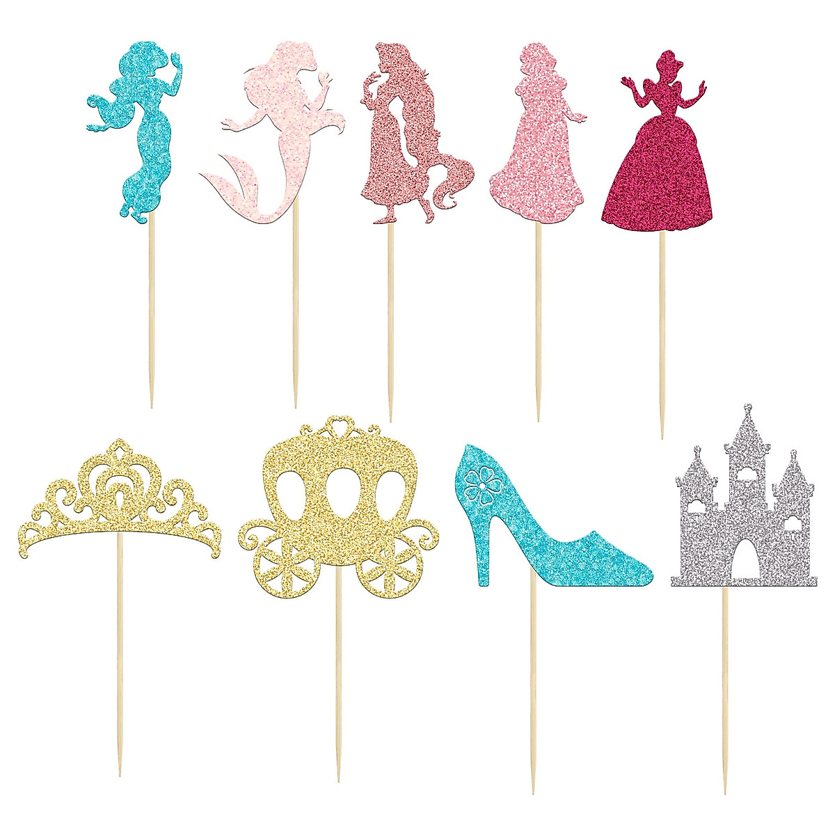 Gyufise 36Pcs Princess Cupcake Toppers Colorful Glitter Mermaid Girl Castle Carriage High Heel Crown Cupcake Picks Princess Theme Baby Shower Girls Birthday Party Cake Decorations Supplies