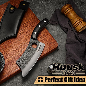 Huusk Knives Japan, Hand Forged Meat Cleaver Knife with Sheath, High Carbon Steel Kitchen Knife for Meat and Vegetables, Full Tang Butcher Knife for Camping, BBQ, Gift for Men Women