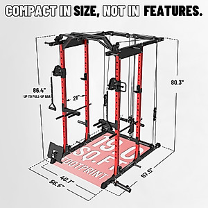 Mikolo Power Cage Power Rack with Cable Crossover System, 1500LBS Squat Rack,with LAT Pull Down System, Home Gym Packages with Weight Bench, Olympic Barbell Weight Set-Red