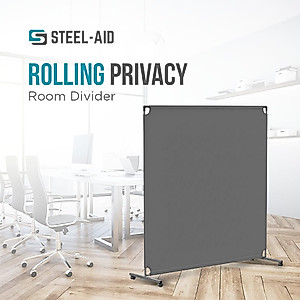 Steel-AID 60-inch Rolling Privacy Room Divider - Freestanding Office Wall Partition with Non See-Through Blackout Screen - Sturdy & Durable Iron Frame - Rolling Wheels - Black, White, Gray & Blue