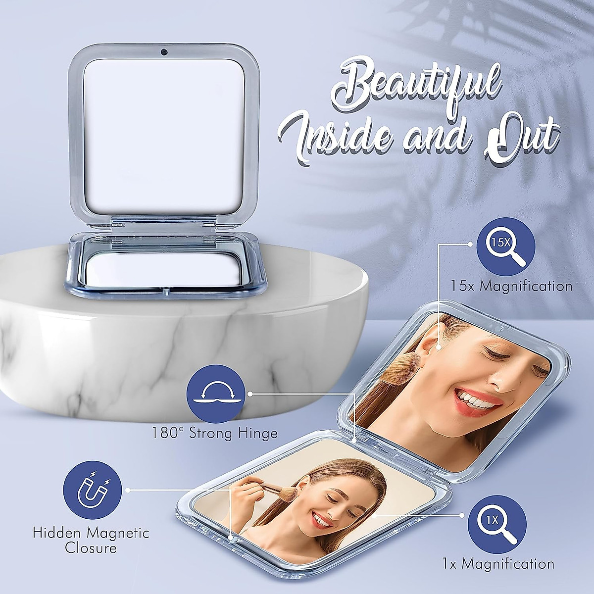 MIRRORVANA Small Compact 15X Magnifying Mirror for Travel - Handheld, Foldable & Lightweight - Mini Pocket-Sized Magnified Mirror for Purse - Square 3.3” x 3.3”