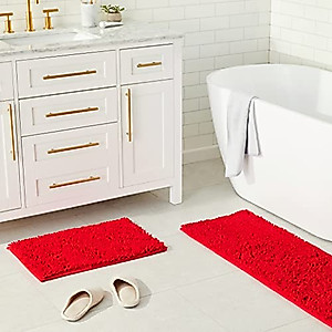 Red Rug for Kitchen Shaggy Chenille Rugs 2 Pieces Set Non Slip Washable Absorbent Runner Rug Set/Kitchen Rugs and Mats/Floor Mat/Entryway Rug/Bath Rug 24x 16 in + 47x 16 in