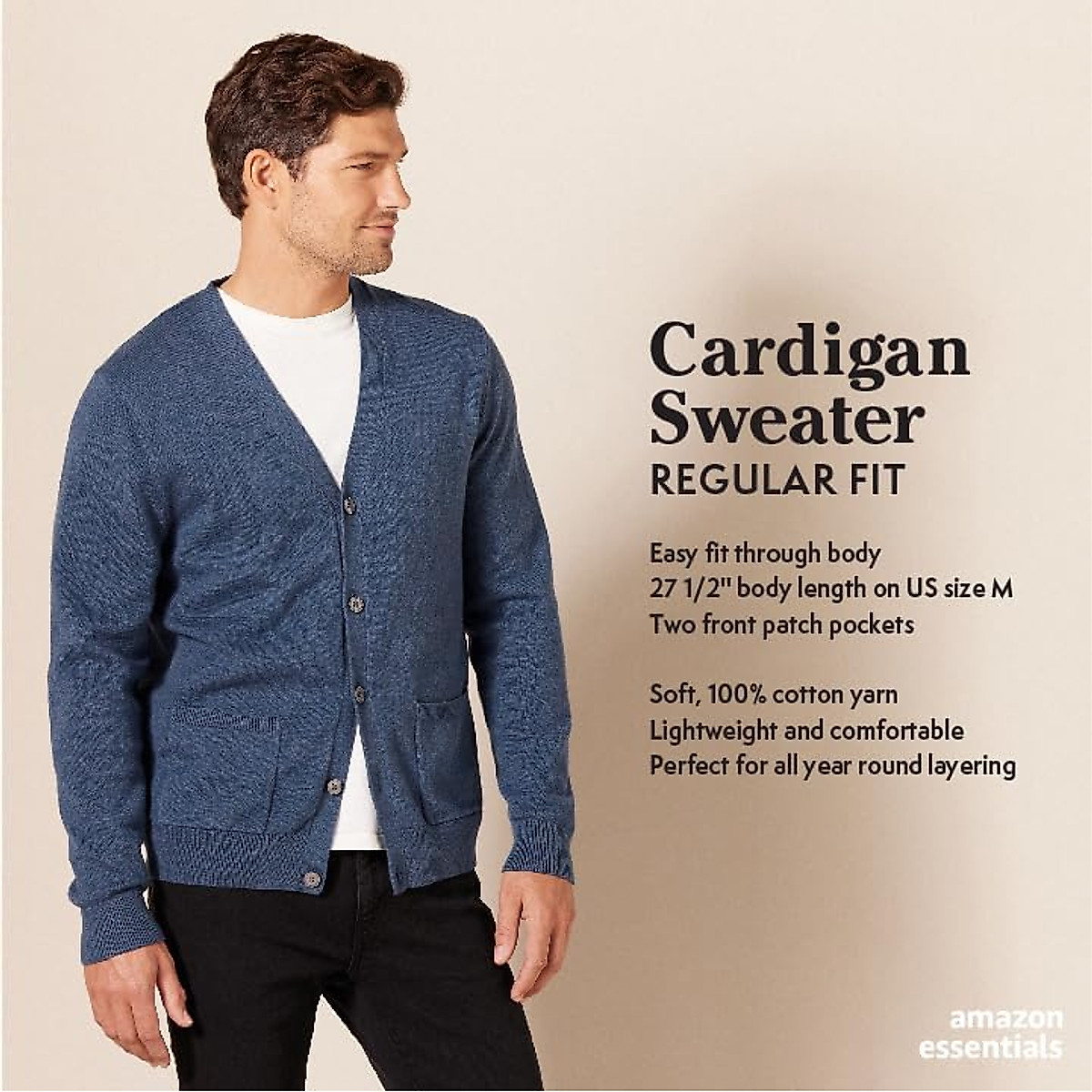 Amazon Essentials Men's Cotton Cardigan Sweater, Blue Heather, Large