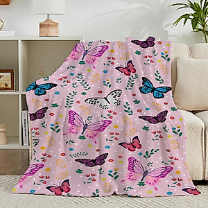 Jameswish Butterfly Throw Blanket for Girls Teens Toddler Pink Soft Fuzzy Flannel Bed Blanket for Kids Adults Plush Colorful Flowers Blanket,50”x60”