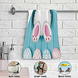 Cute Easter Bunny Bottom Bath Hand Towels Blue Wooden Board Guest Fingertip Towel 2 Pack for Bathroom 14x28 in, Soft Multipurpose Decorative Kitchen Dish Towels Set Washcloth for Beach Spa Gym Sport