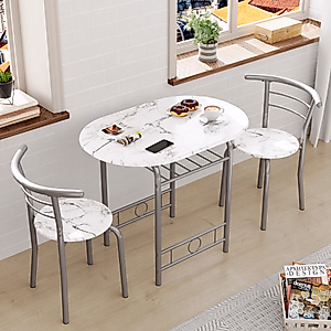 JUMMICO 3-Piece Wooden Round Table & Chair Set, Space Saving Kitchen Breakfast Nook Wood Grain Tabletop with Metal Frame and Built-in Wine Rack for Kitchen, Dining Room (White/Silver)
