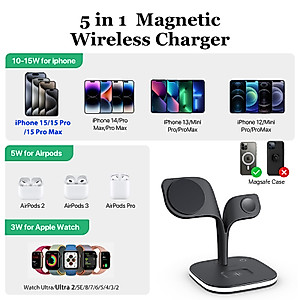 Wireless Charging Station, 5 in 1 Fast Mag Safe Magnetic Charger Stand for iPhone 14,13,12 Pro/Max/Mini/Plus, Apple Watch Ultra 8/7/6/SE/5/4/3/2 and Airpods 3/2/Pro (Black) (Black)