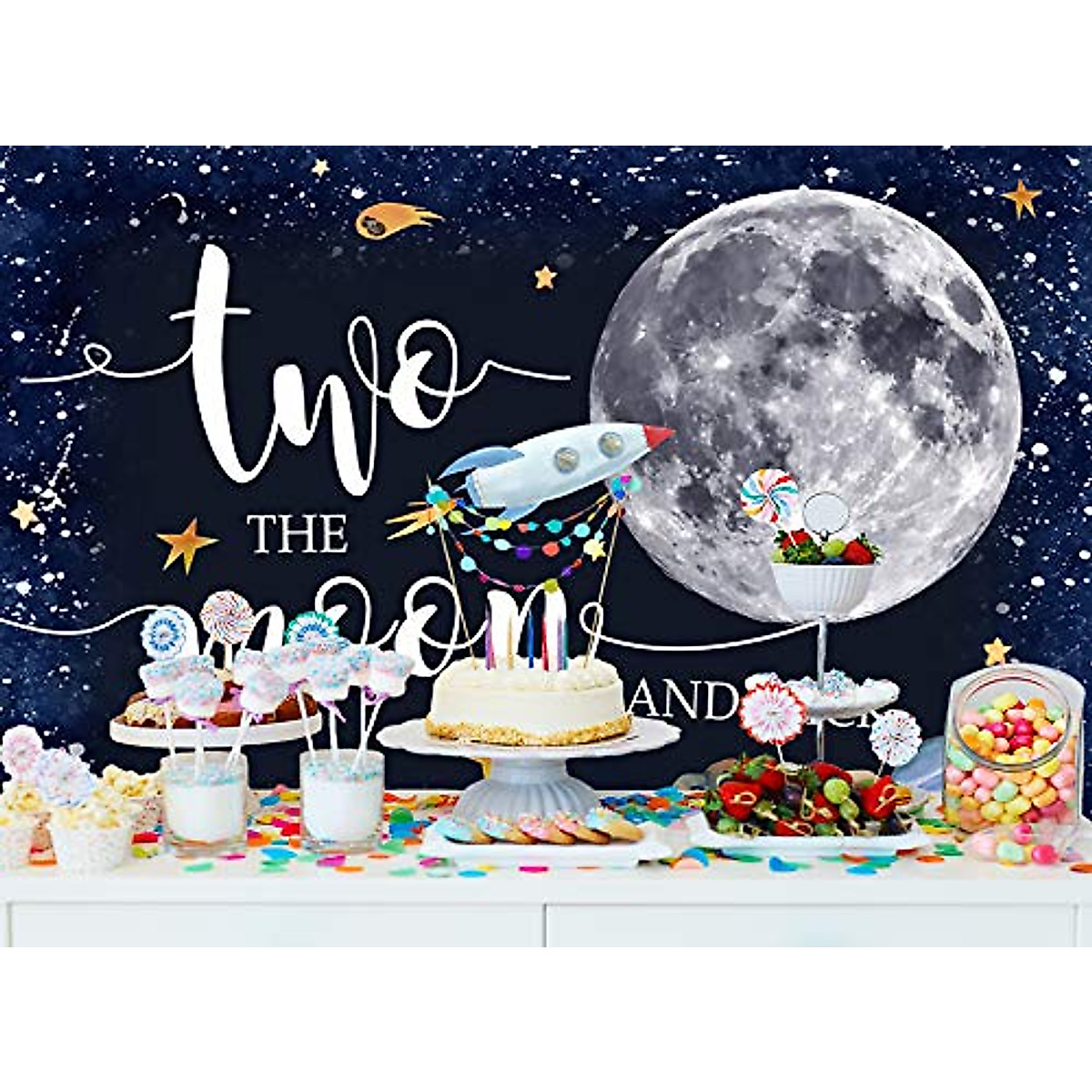 Ticuenicoa 7x5ft Two The Moon 2nd Birthday Backdrop for Boy Outer Space Rocket Astronaut Theme Backdrop Night Sky Gold Hanging Stars Planet Galaxy Photo Background Kids Birthday Party Decoration