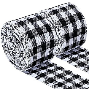 2 Rolls Wired Edge Ribbons Buffalo Plaid Burlap Ribbon Farmhouse DIY Gift Wrapping Crafts for Christmas Bow Wreath Tree Decoration (White Black Plaid, 2.5 Inch Wide, 472 Inch)