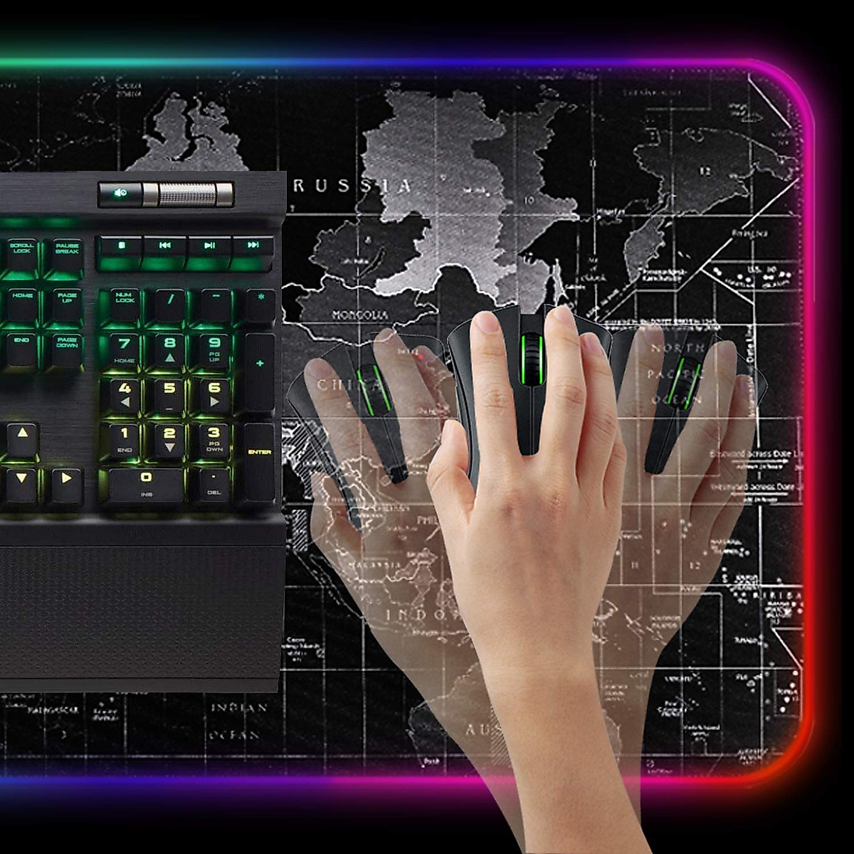 JYZZ RGB Gaming Mouse Pad - Large Led Keyboard Pad, Mouse Mat with HD Map, Smoothly Waterproof Surface, Non-Slip Rubber Base, 31.5"" X 11.8"" & 14 Light Modes