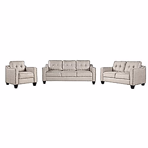 FANYE 3 Pieces Living Room Furniture Sets Include, Loveseat and Armchair, Linen Fabric Upholstered Sectional Classical Rivets Decor and Tufted Back Cushions, Beige Sofa & Couch