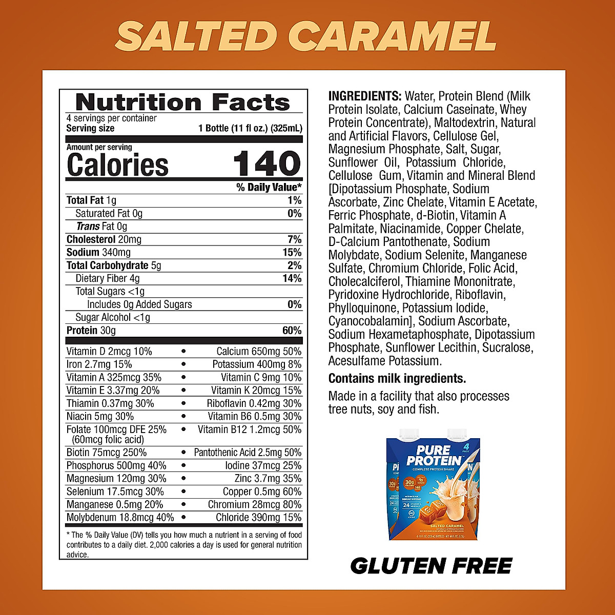 Pure Protein Salted Caramel Shake, Ready to Drink and Keto-Friendly, Vitamins A, C, D, and E Plus Zinc to Support Immune Health, 11 Oz, 12 Count