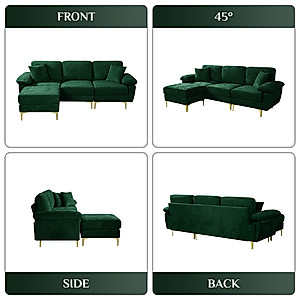 OUYESSIR L Shaped Sectional Sofa Couch, 3 Seat Velvet Sofa with Ottoman and Pillows, Upholstered Comfy Couch Sleeper for Living Room, Bedroom, 88 inches (Green)