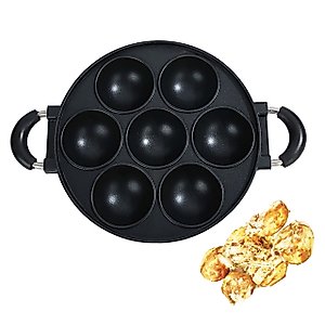 Heaunzy Japan large aperture takoyaki pan,cake mold baking pan,making masa (rice pancake),fry eggs,Poffertjes pan,Appam pan,Banh khot pan,Masa pan,cupcake pan,takoyaki maker,Nonstick,0.95kg(7 Hole)