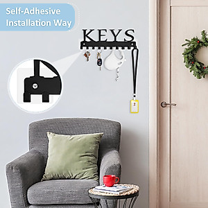 RELBRO Key Holder Wall Mount, Black Key Hanger Wall Decorative Key Rack Organizer Metal Adhesive Keychain Holder with 10 Key Hooks for Doorway Entryway Hallway Garage 2 Installation Ways