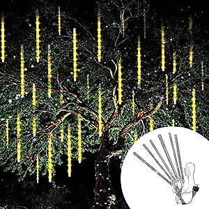 MIS1950s Christmas Lights Meteor Shower Lights 11.8'' 6pc Spiral Tubes 144 LEDs Waterproof Icicle Snowfall String Lights for Wedding Christmas Xmas Halloween Garden Tree Home Decor (Yellow)