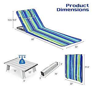 Tangkula 3 Pieces Beach Chairs for Adults, Lightweight Lawn Lounge Chairs with 5 Adjustable Recline Position, Zipper Pocket, Backpack 2 Pack Beach Chairs Set with Folding Side Table (Stripe)
