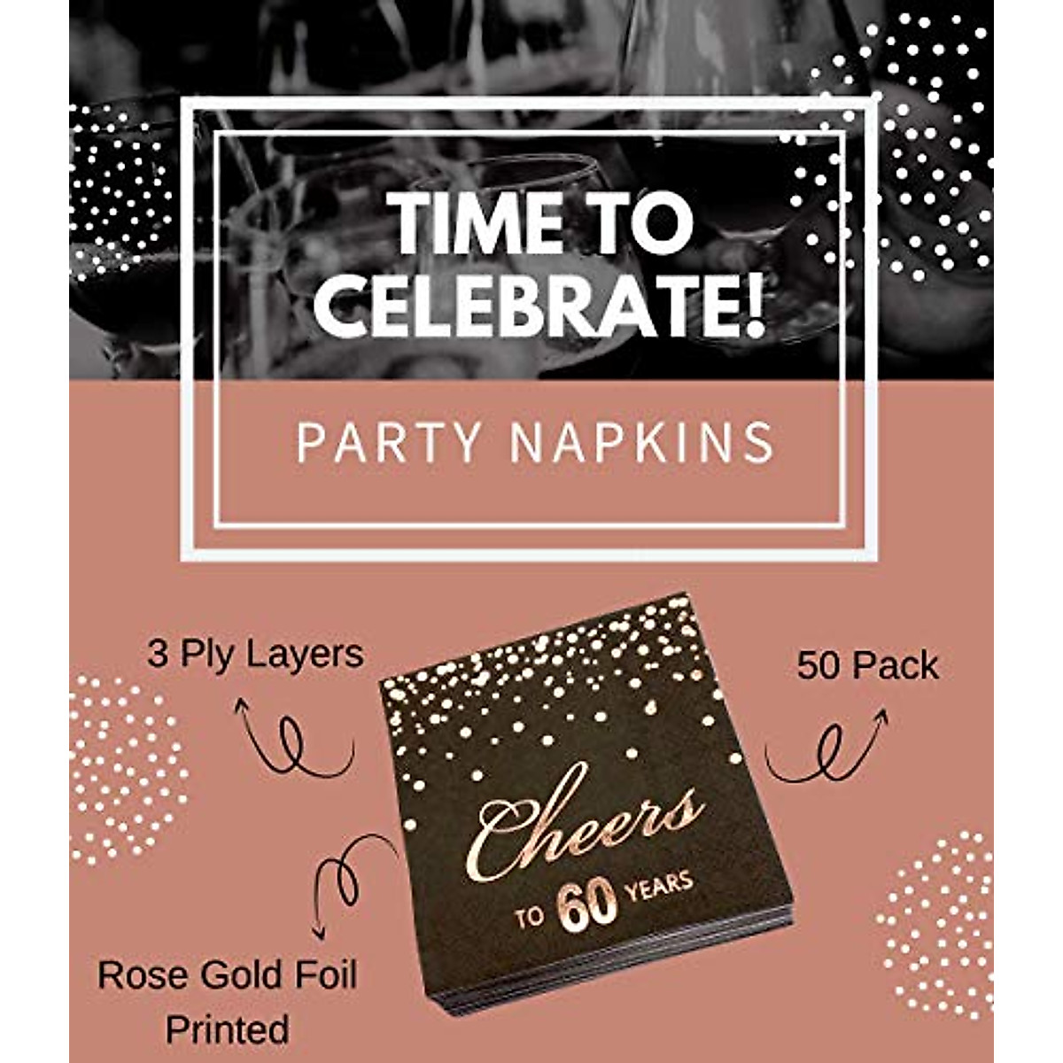 Rose Gold Foil Cocktail Napkins with Cheer 60 Years | Folded 5 x 5 Inches Disposable Party Napkins | 3-Ply Paper Beverage Napkins for 60th Birthday Decorations, Wedding Anniversary, Retirement, Black