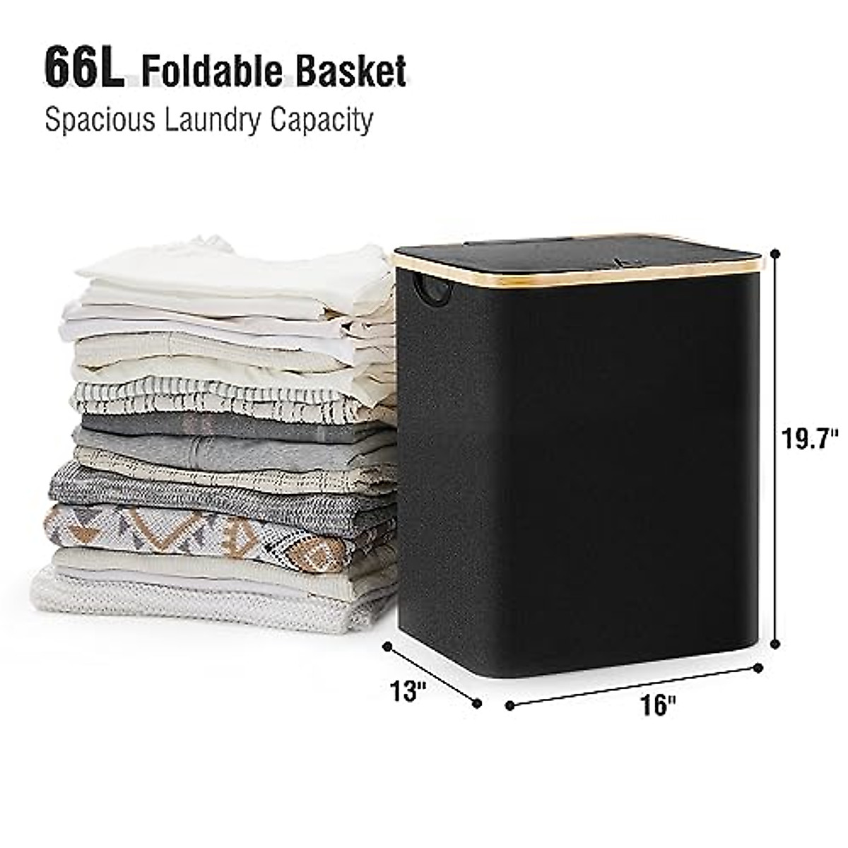 Laundry Hamper with Lid by TECHMILLY, 66L Small Tall Laundry Basket with Bamboo Handles for Clothes and Toys, Collapsible Laundry Basket with Removable Inner Bag for Bedroom and Bathroom, Black