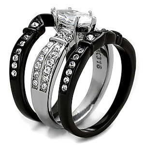 Marimor Jewelry His Hers 4 Piece Black Stainless Steel and Titanium Wedding Engagement Ring Band Set Size Women's 08 Men's 11